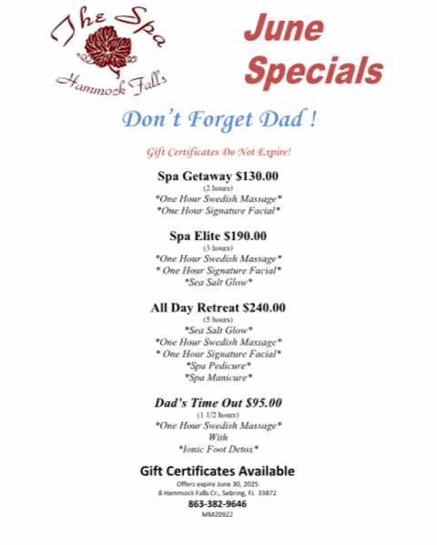 June 2025 Spa Specials | The Spa at Hammock Falls.